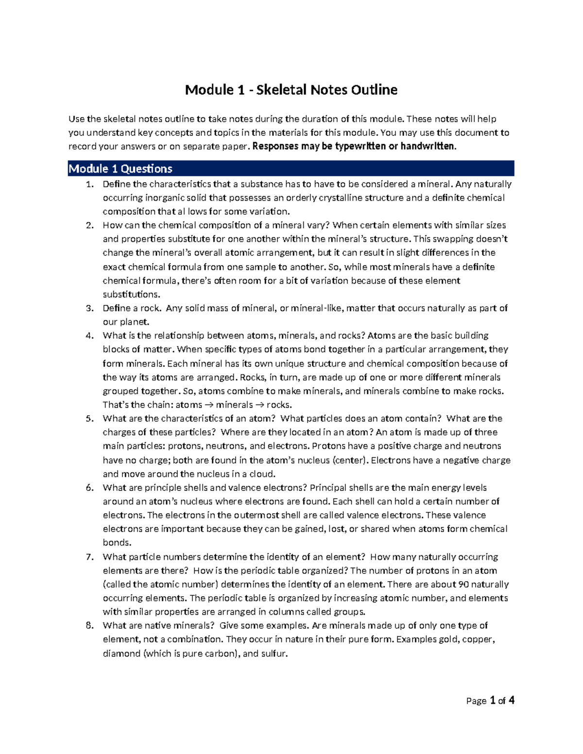 Module 1: Skeletal Notes Outline for Mineralogy Concepts - Studocu