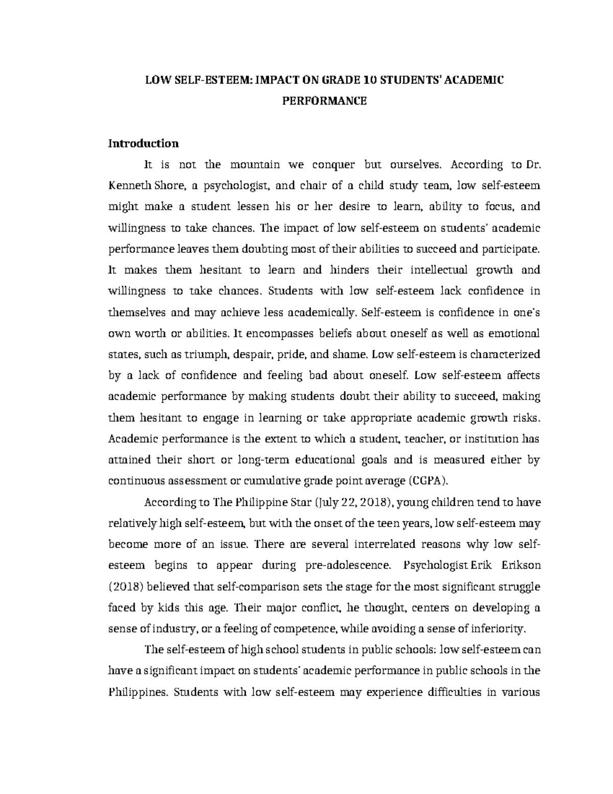 Impact of Low Self-Esteem on Grade 10 Academic Performance: A Study - Studocu