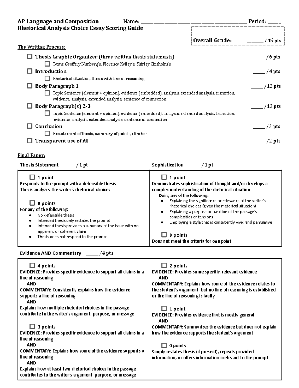 AP Language and Composition: Rhetorical Analysis Essay Scoring Guide ...