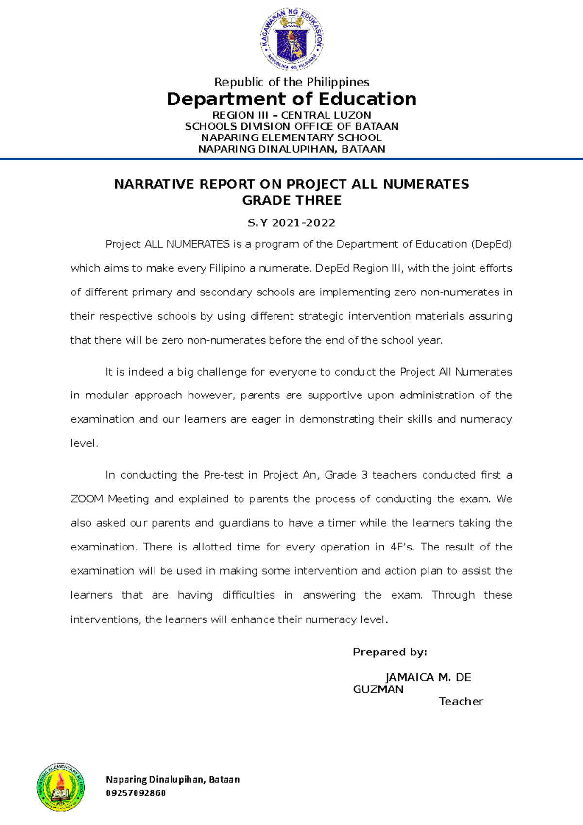 Grade 3 - Narrative Report on Project ALL Numerates Implementation ...
