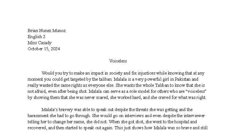English 2 Essay: The Bravery of Malala Yousafzai - Studocu