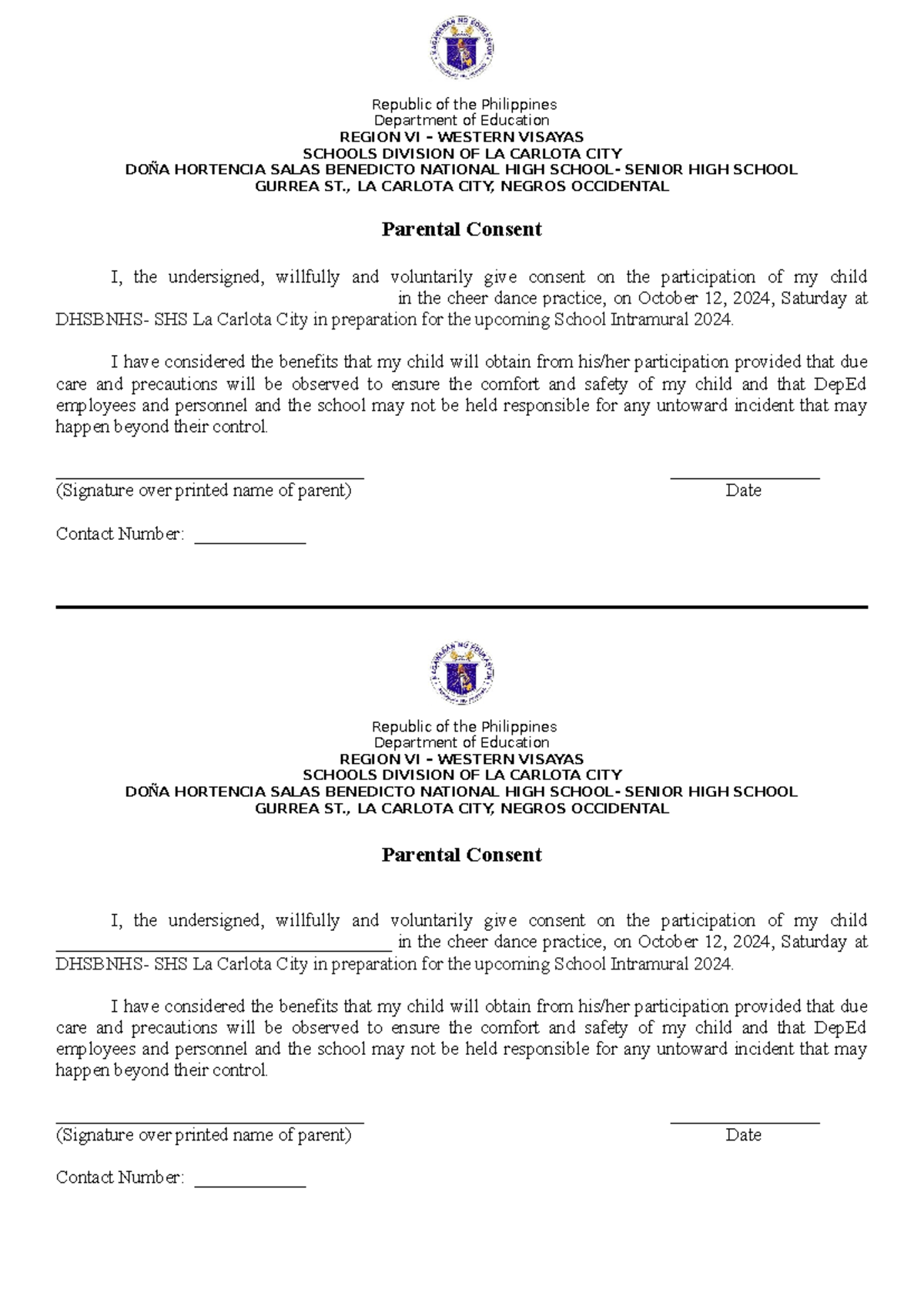 Parental Consent Form for Cheer Dance Practice at DHSBNHS-SHS - Studocu
