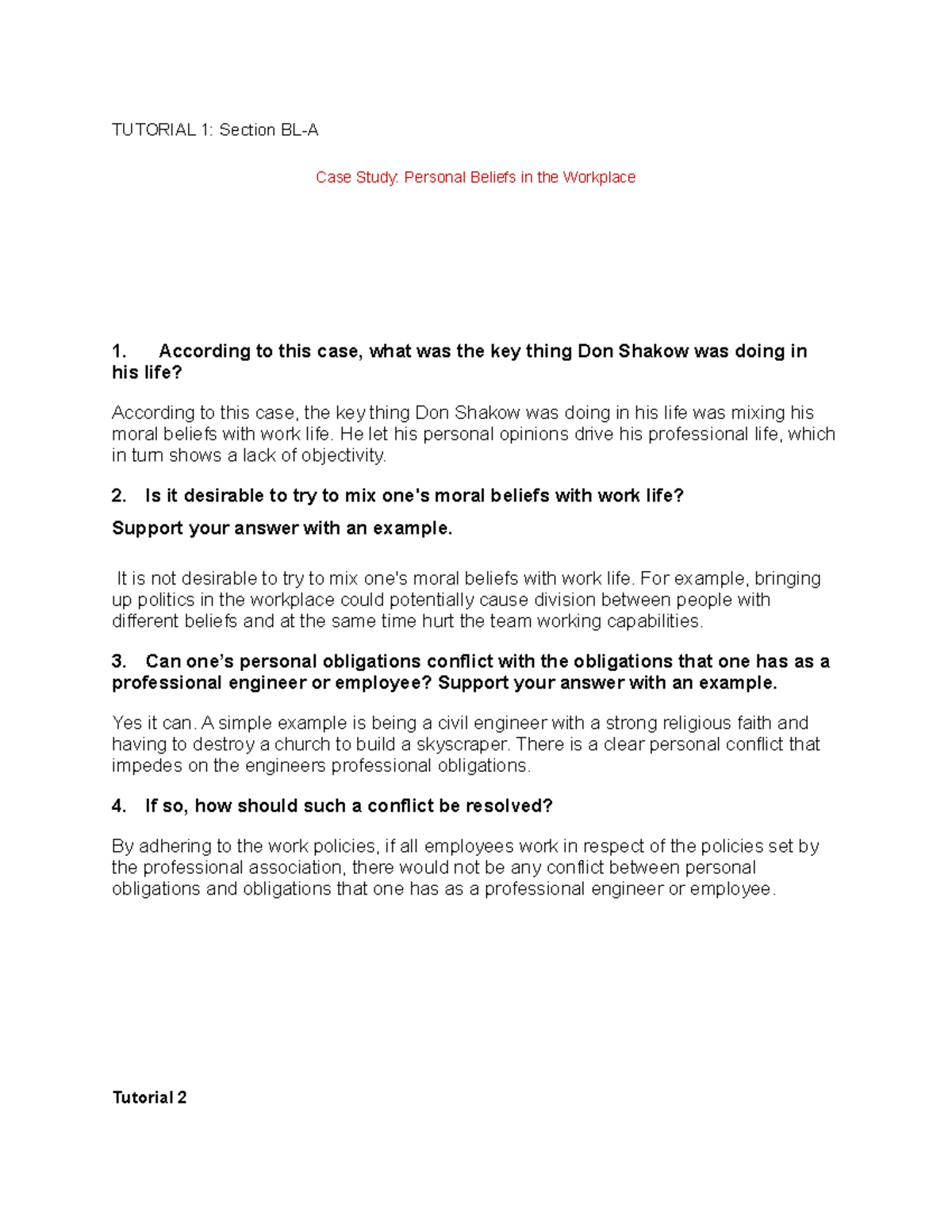 Engr 201 tut - Engr 201 answers for all case studies (1-6) - TUTORIAL 1: Section BL-A Case Study ...