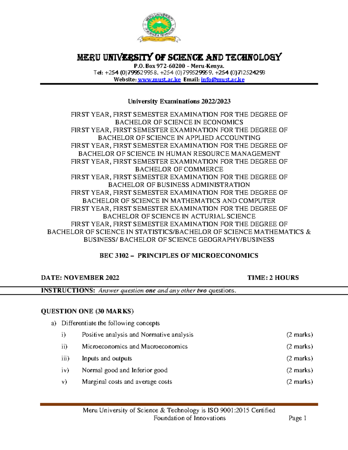 BEC 3102 Final Exam: Principles of Microeconomics - Nov 2022 - Studocu