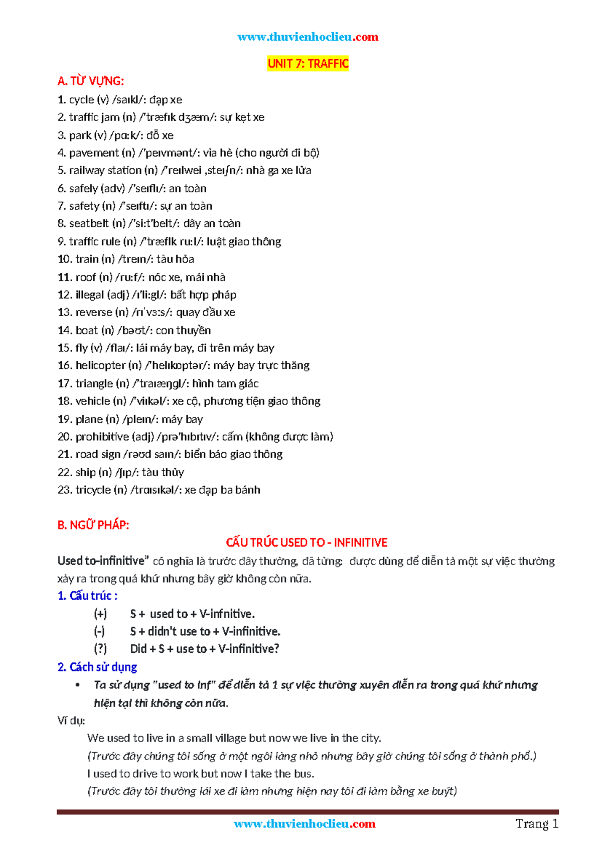 UNIT 7: TRAFFIC VOCABULARY & GRAMMAR NOTES - Studocu