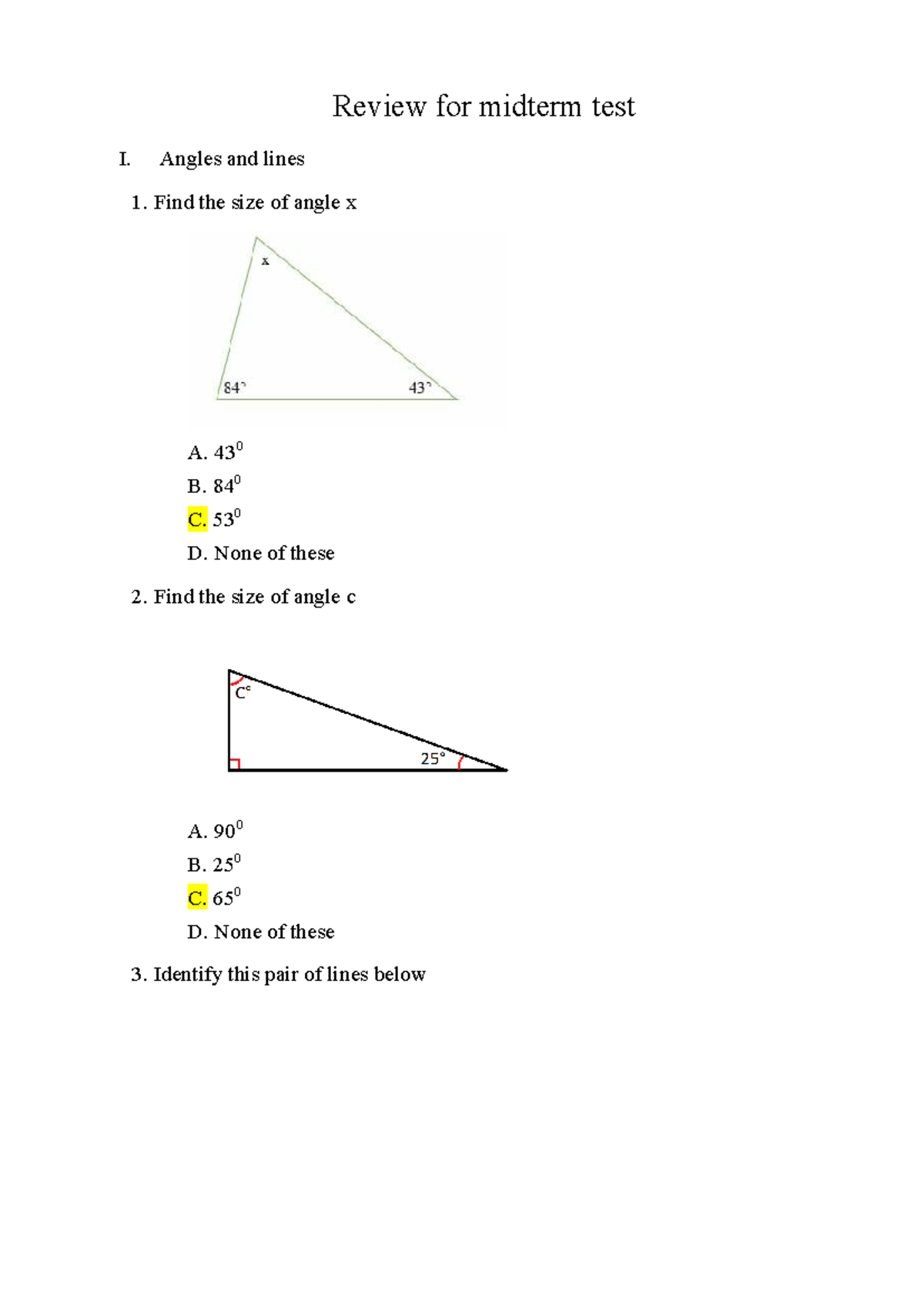 6A Review midterm test - math - Review for midterm test I. Angles and ...