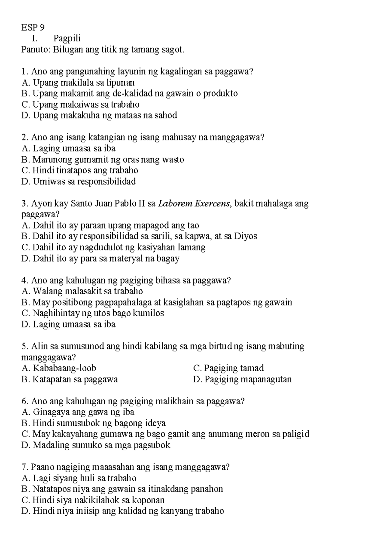 Q3 BSU ESP Grade 9 - Assessment - ESP 9 I. Pagpili Panuto: Bilugan ang ...