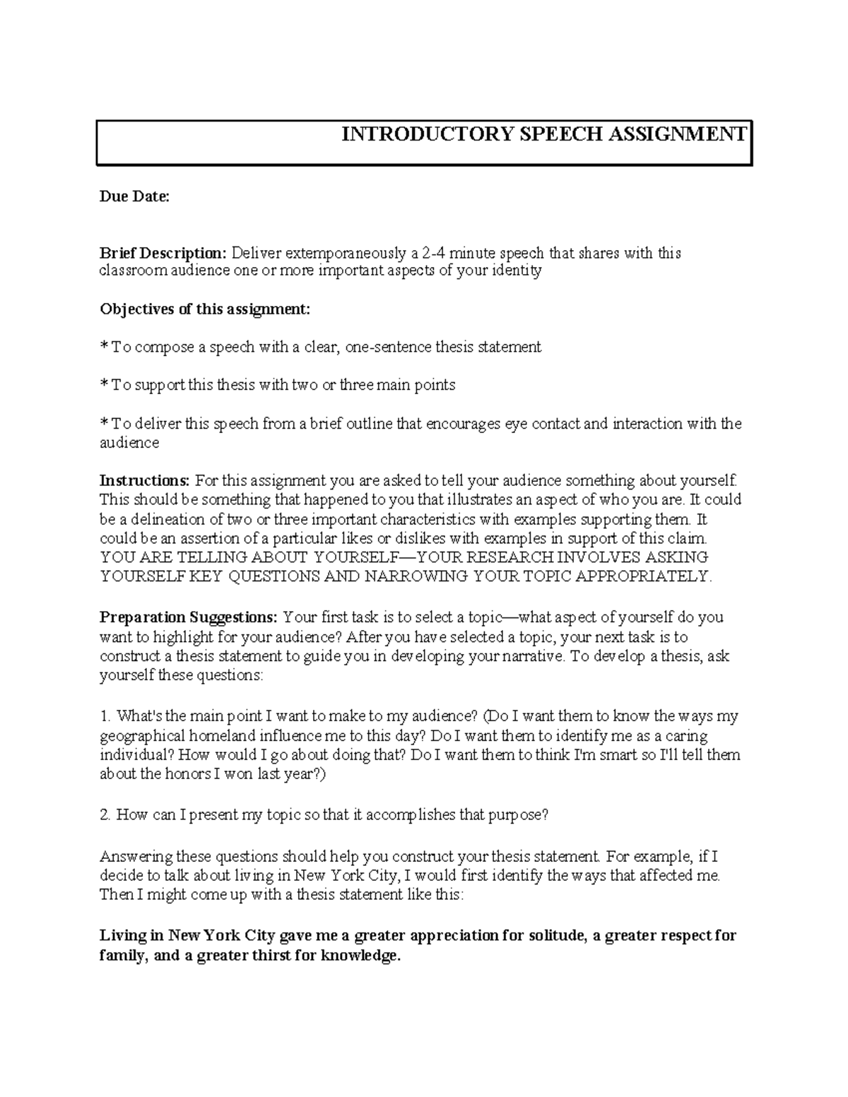 Introductory Speech Guidelines for Comm 101 Assignment - Studocu