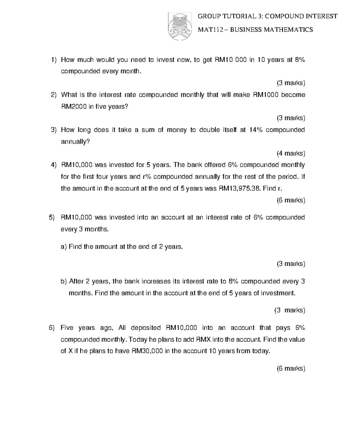 MAT112 Tutorial 3: Compound Interest Problems and Solutions - Studocu