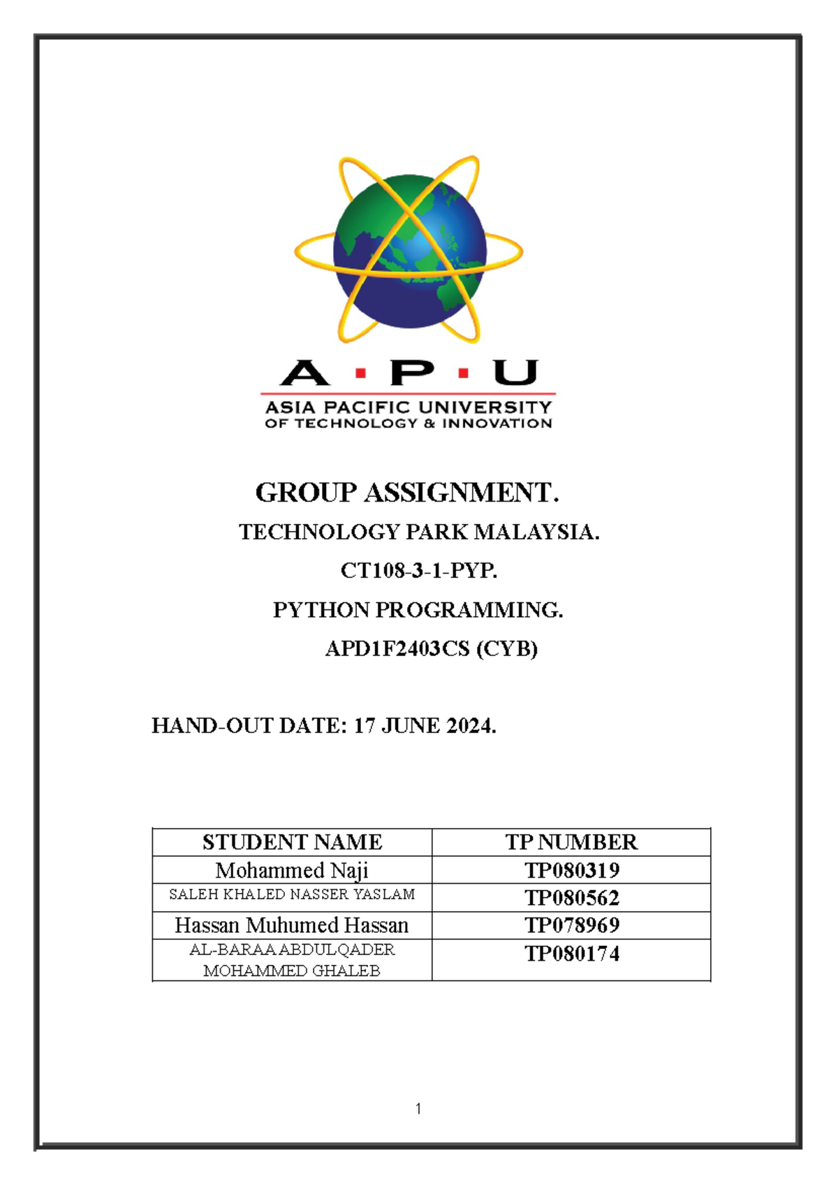 CT108-3-1-PYP Group Assignment: Python Programming Overview - Studocu