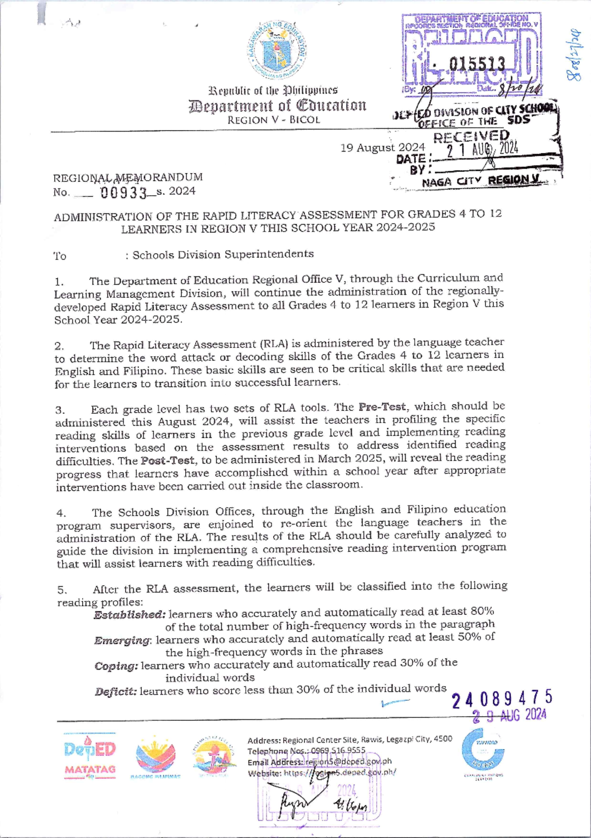 Administration of Rapid Literacy Assessment (RLA) for Grades 4-12 in ...