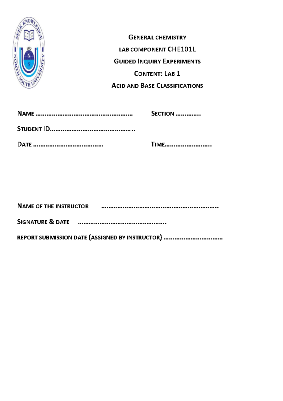 Lab 1: Acid and Base Classifications - CHE101L Guided Inquiry ...