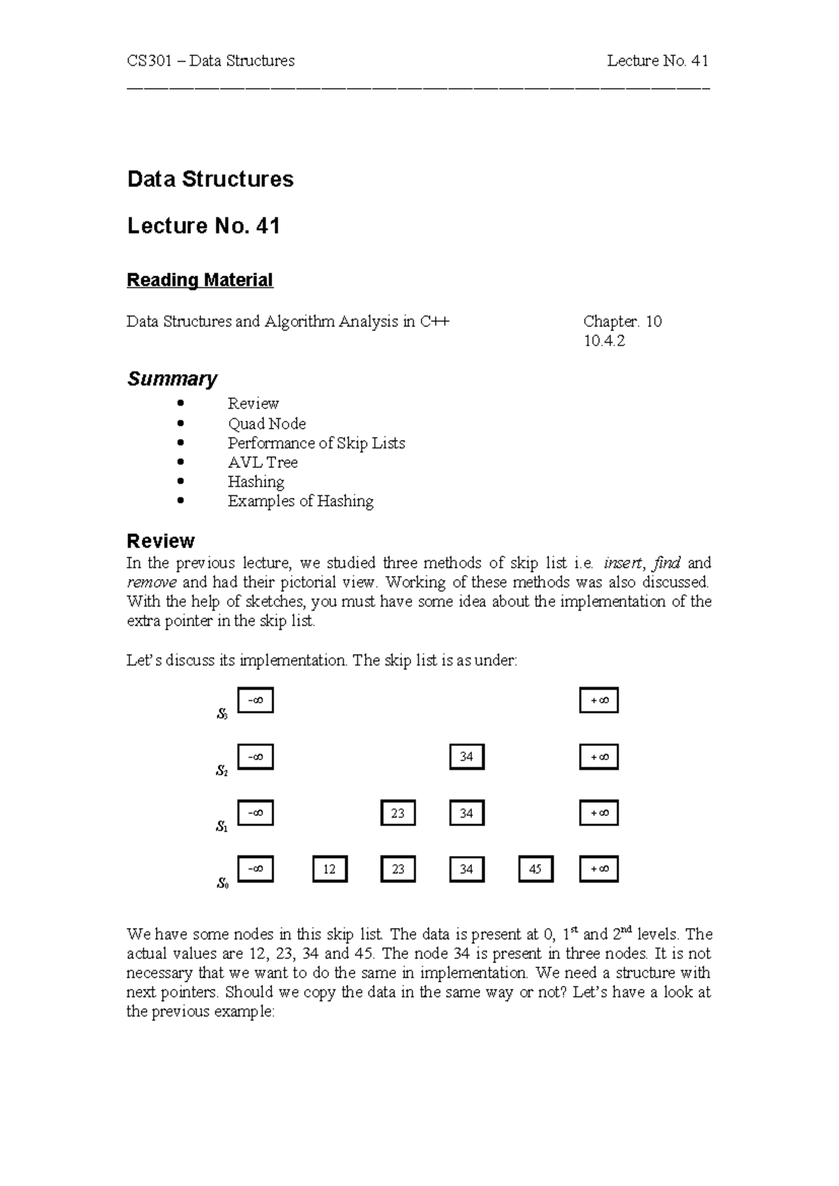 CS301 Data Structures Lecture 41: Skip Lists, AVL Trees, and Hashing ...