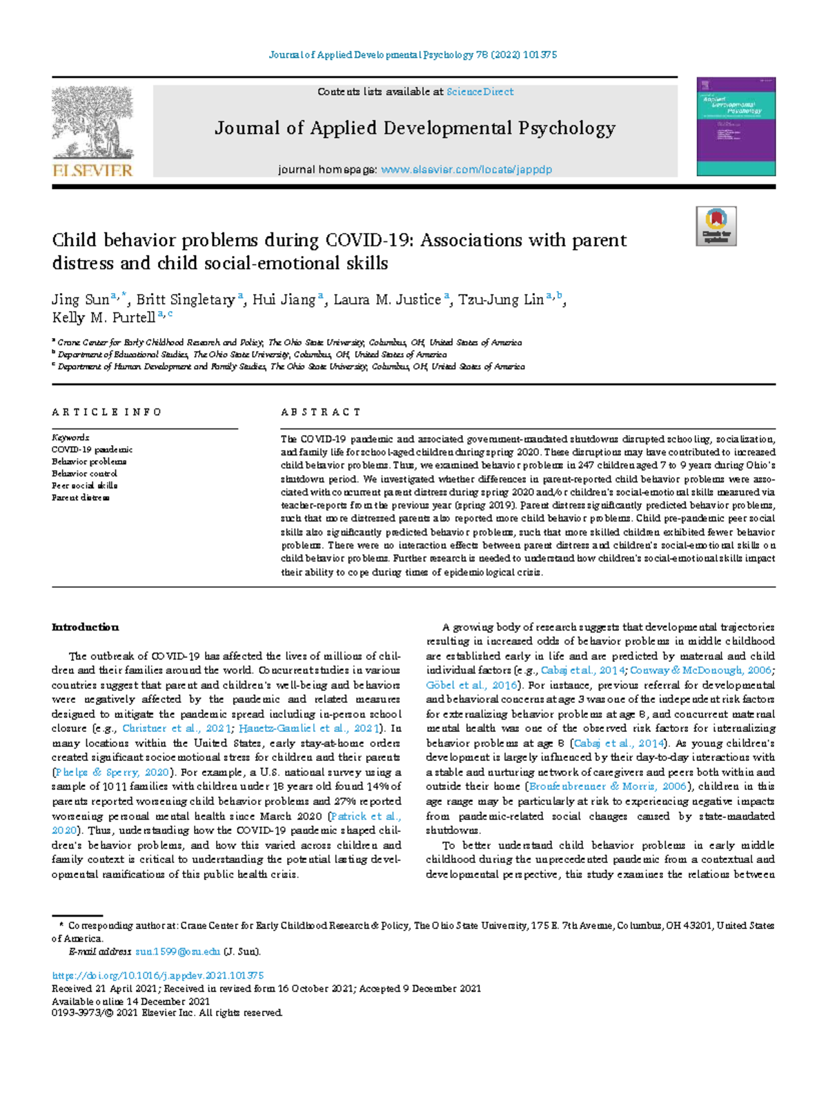 Child Behavior Problems and Parent Distress During COVID-19: An Ohio ...