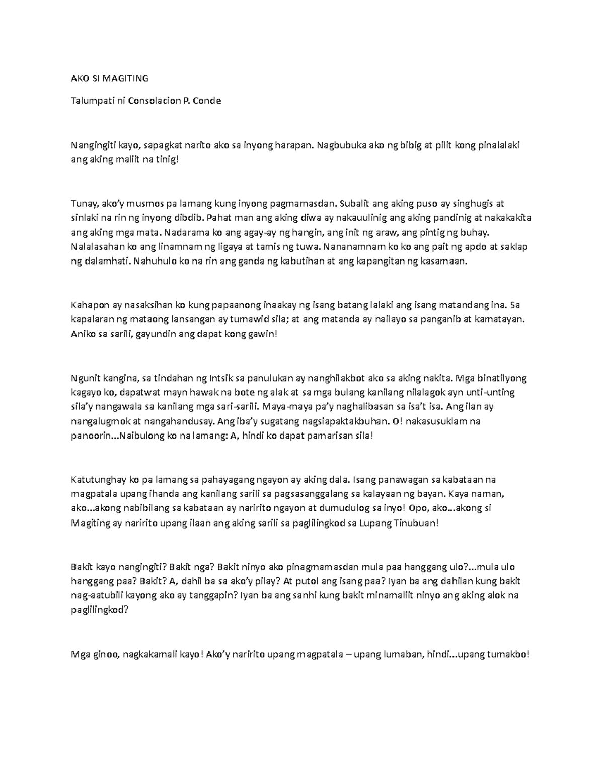 Talumpati ni Consolacion P. Conde: AKO SI Magiting - Studocu