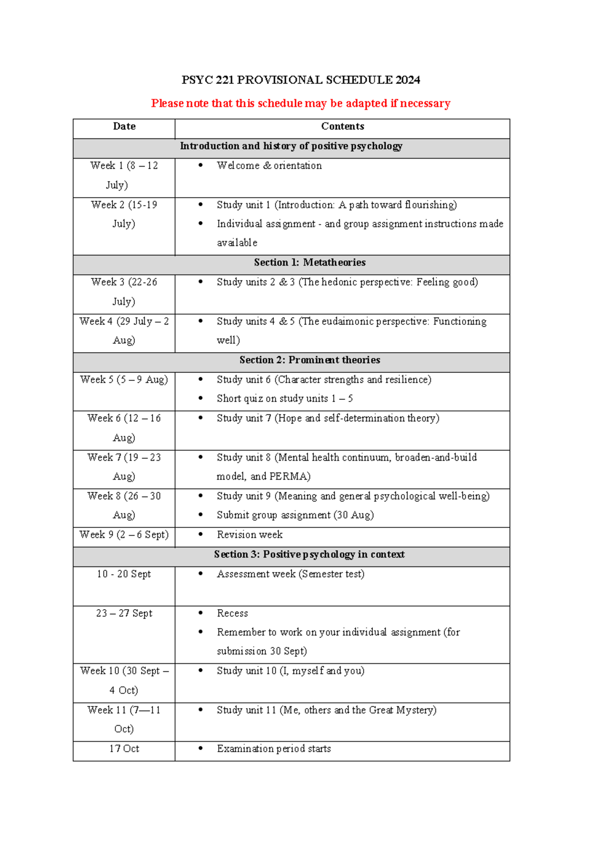 PSYC 221 Provisional Schedule 2024 - Positive Psychology Overview - Studocu