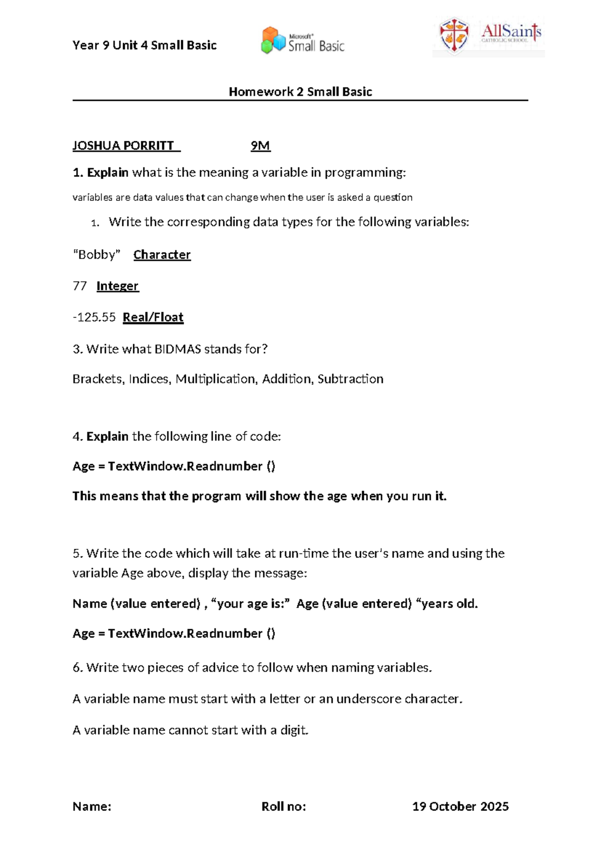 Year 9 Unit 4 Small Basic Homework 2 - Variables & BIDMAS - Studocu