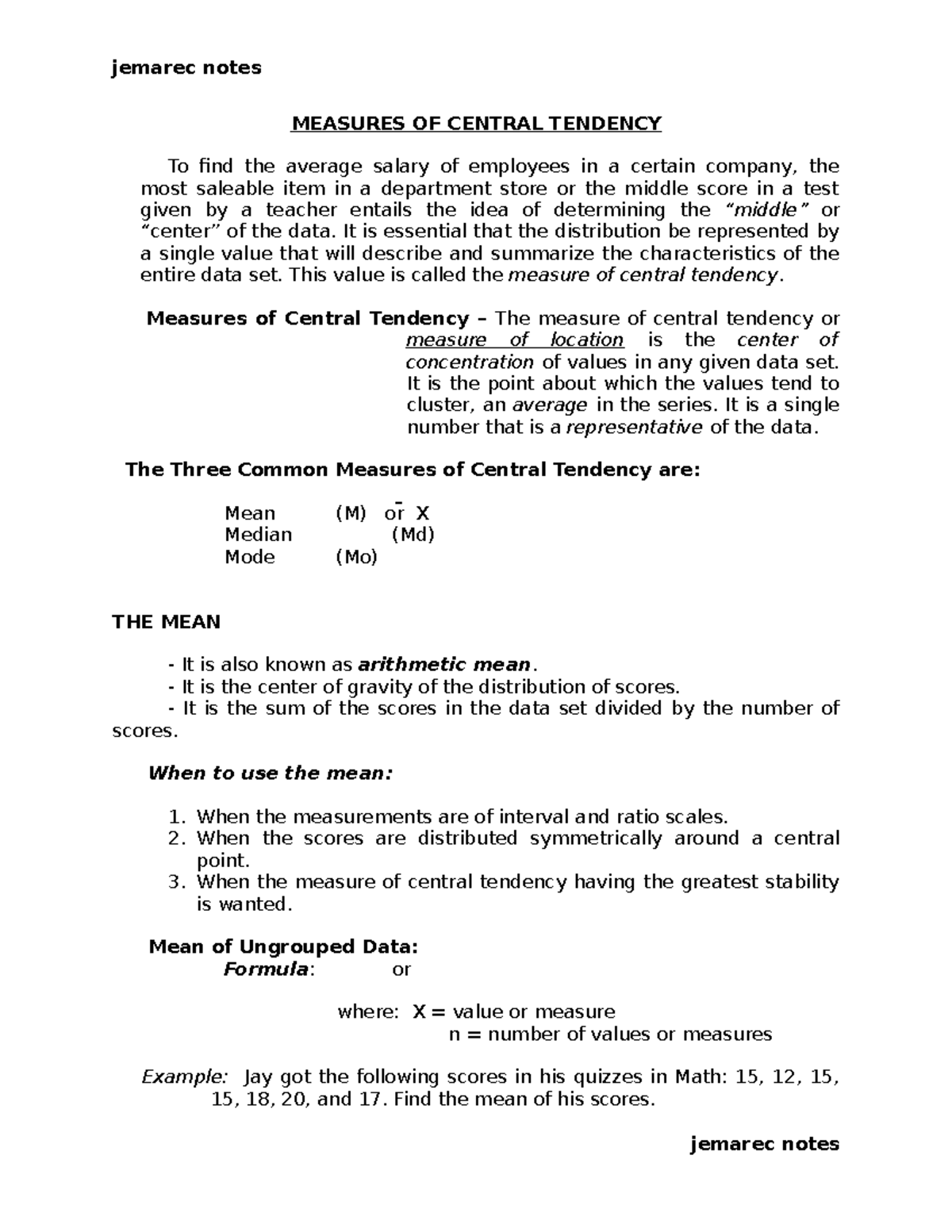 Measures of Central Tendency: Understanding the Mean (Statistics) - Studocu