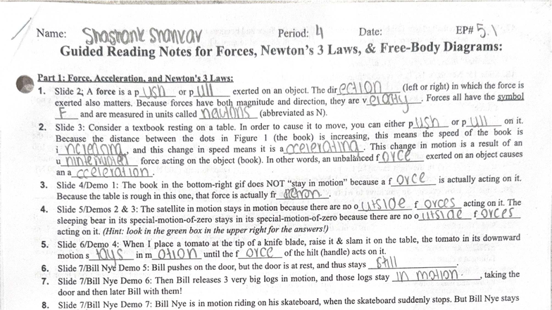 Guided Reading Notes for Forces & Newton's Laws (EP #5) - Studocu