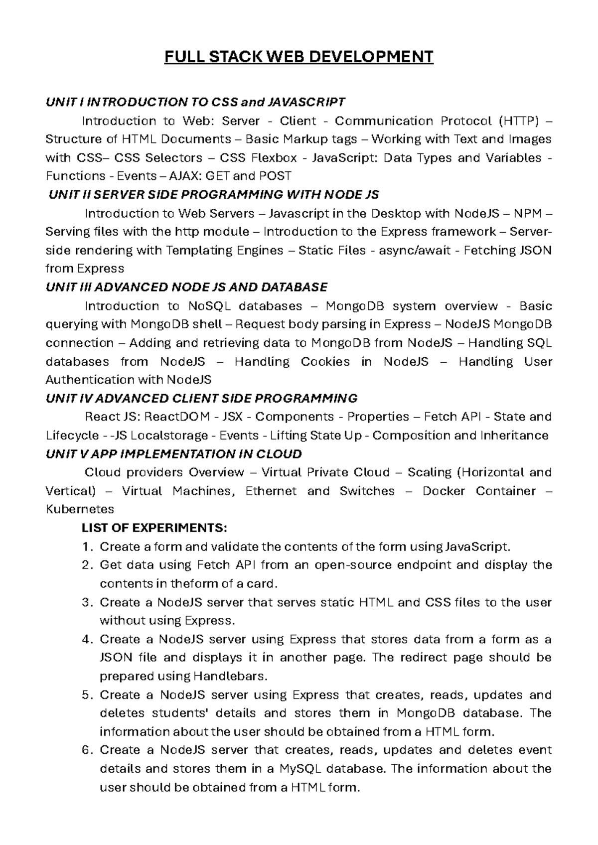 FULL STACK WEB DEV (CS101) SYLLABUS: CSS, JS, NODE JS & MORE - Studocu