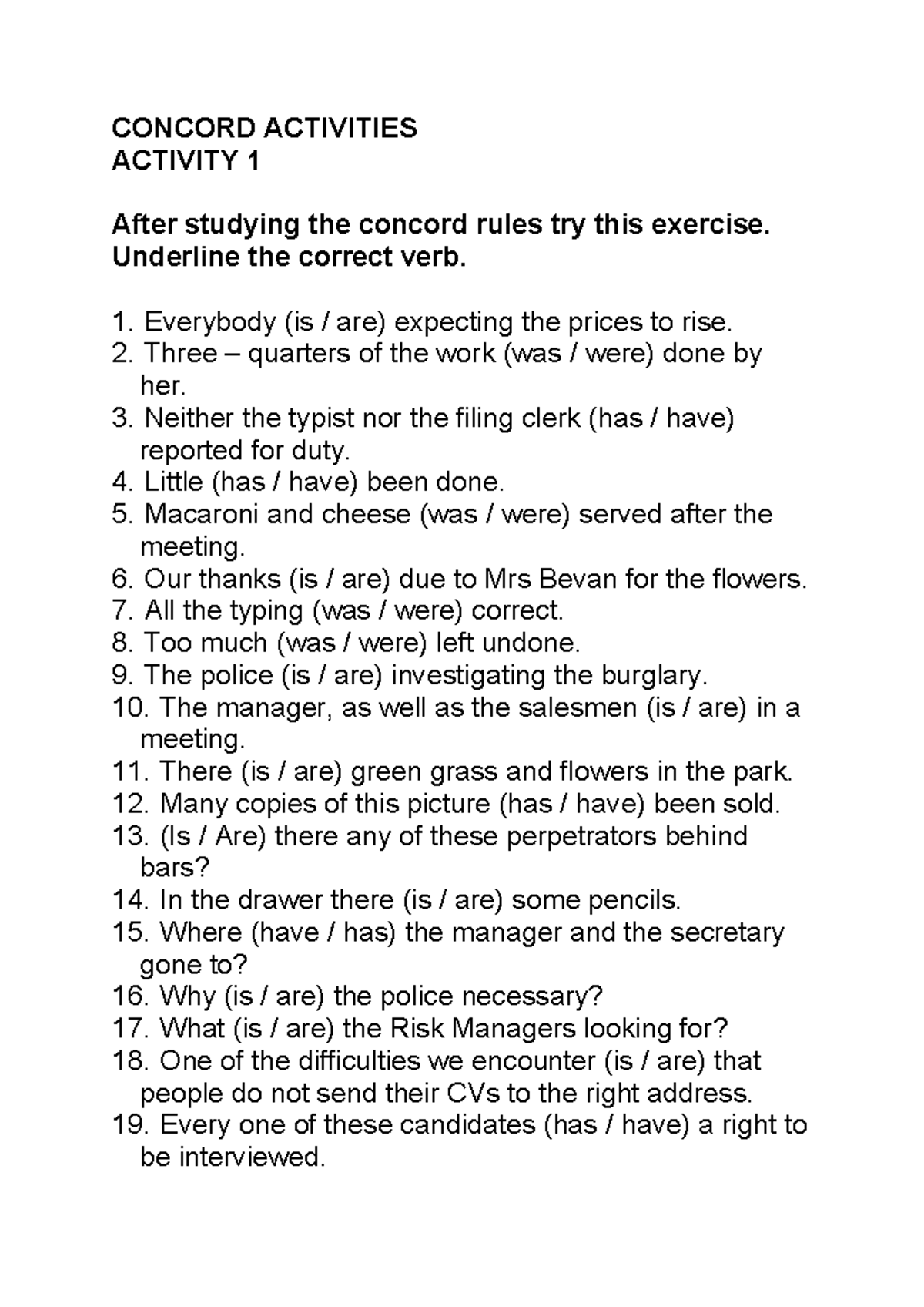 Concord activities: verb agreement exercises and practice - Studocu