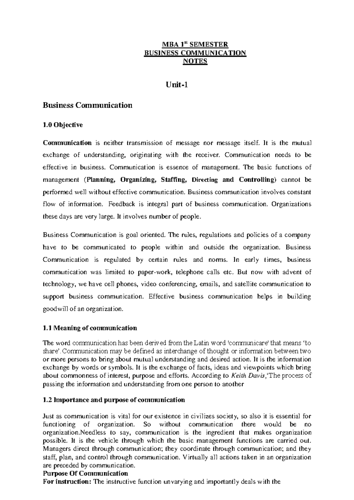 MBA 1st Semester Business Communication Lecture Notes - Studocu