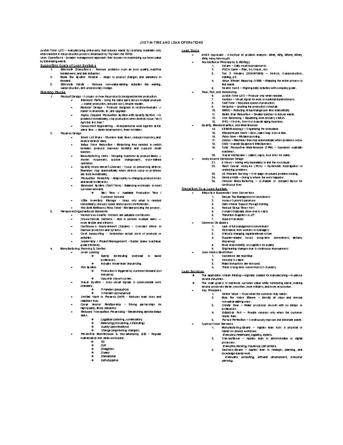 ONE-PAGE Summary of Lean Operations (JIT) Principles and Practices ...