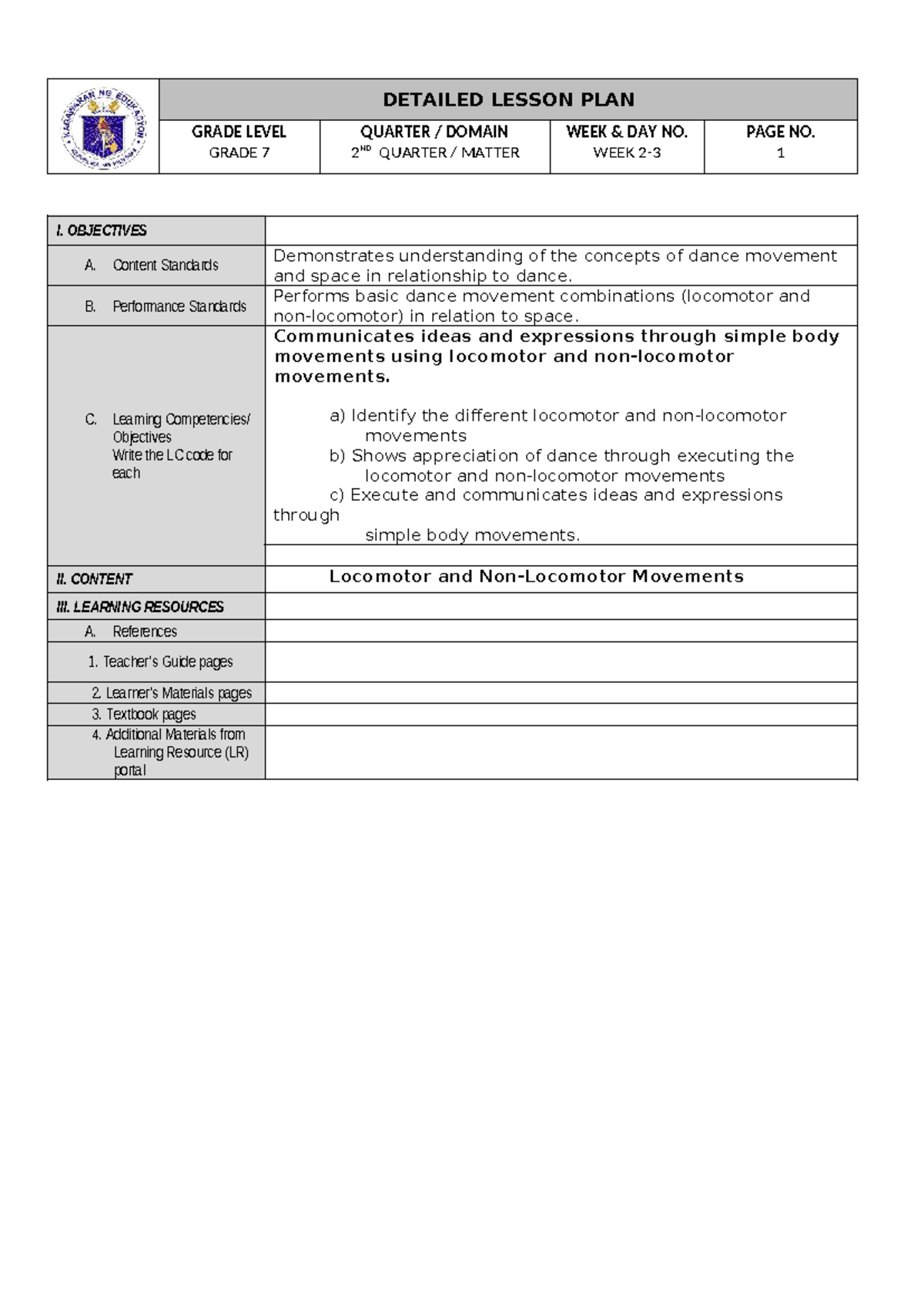 Detailed Lesson Plan for Grade 7: Locomotor Movements in Dance (2nd ...