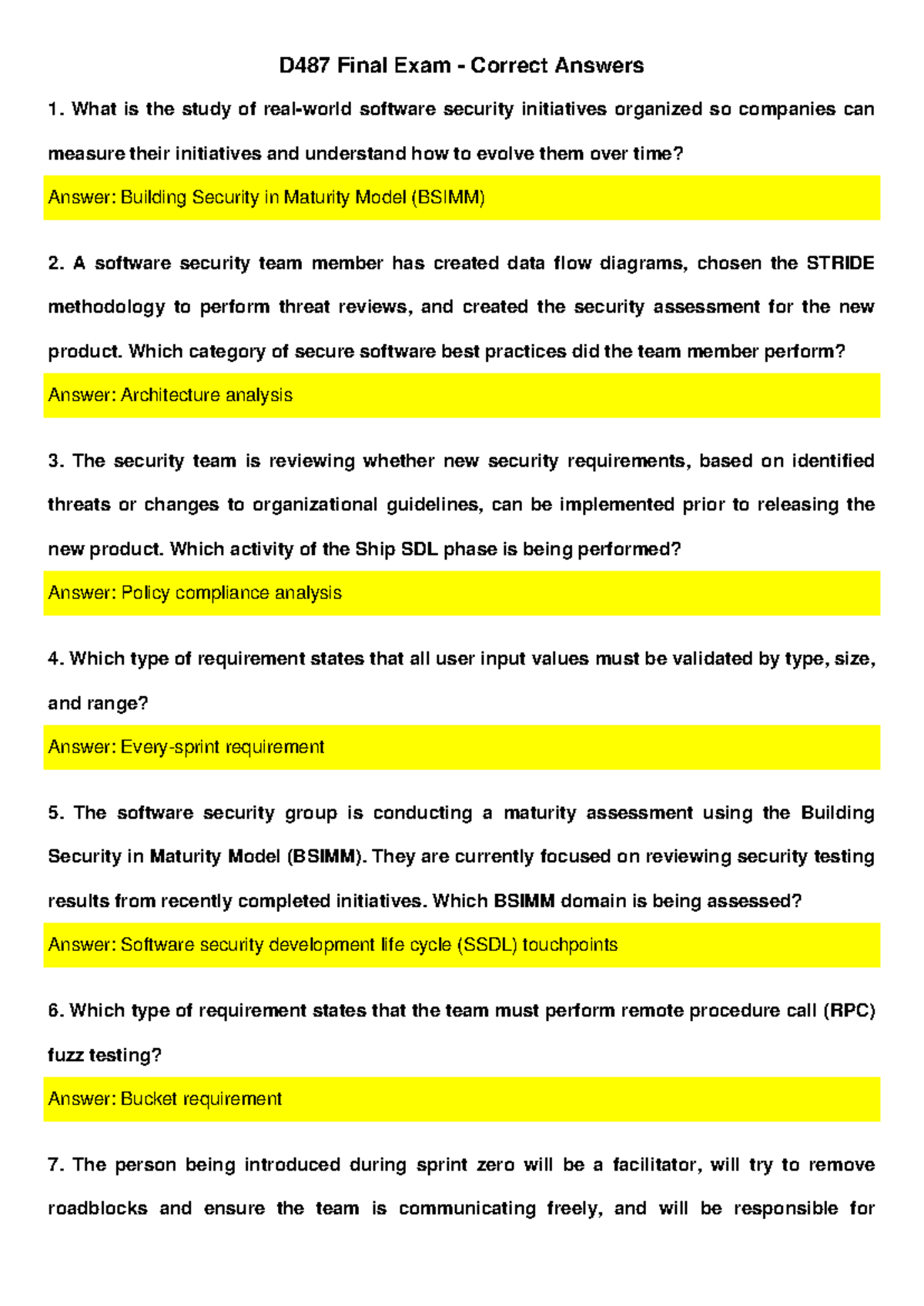 D487 Final Exam Questions & Correct Answers for Software Security - Studocu