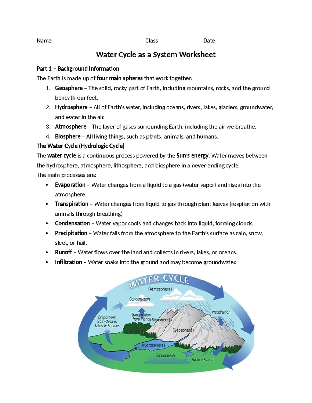 Water Cycle as a System Worksheet (WS) - Key Concepts & Questions - Studocu
