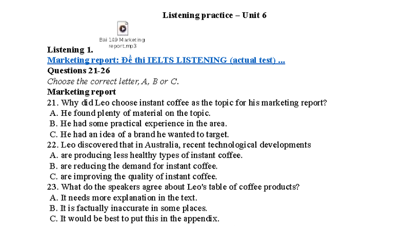 Listening Practice - Unit 6: IELTS Listening Test Questions - Studocu