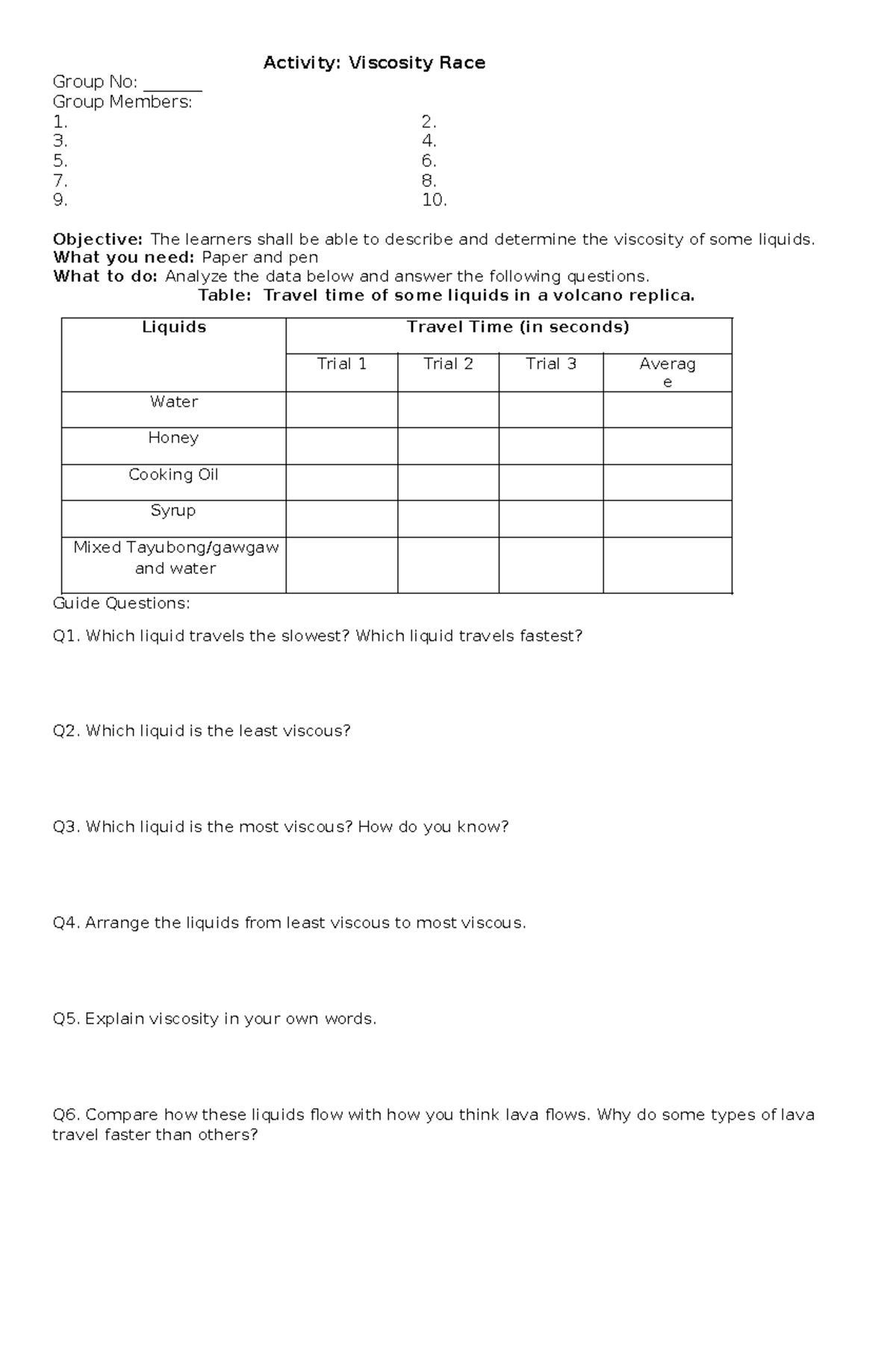 Activity 1 Viscosity Race - Activity: Viscosity Race Group No ...