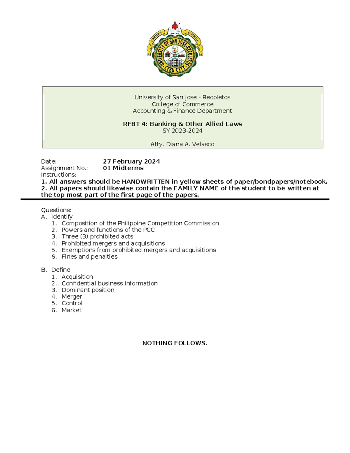 RFBT 4 assgt 1 - midterms - Date: 27 February 2024 Assignment No.: 01 Midterms Instructions: All ...