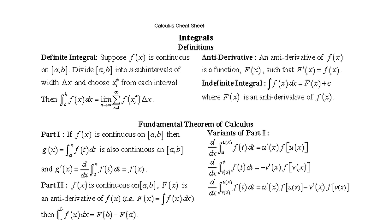 Calculus Cheat Sheet: Key Integrals and Definitions (MATH 101) - Studocu