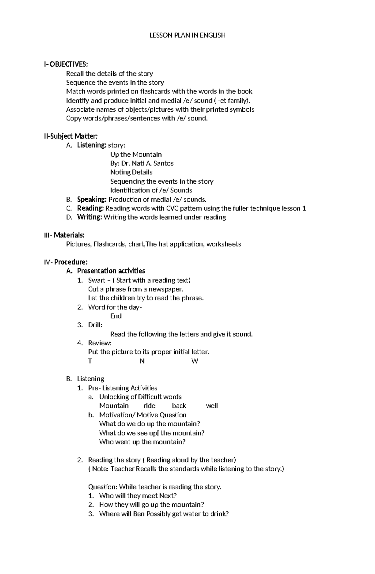 Lsens- Lesson-PLAN THE HAT - LESSON PLAN IN ENGLISH I- OBJECTIVES ...