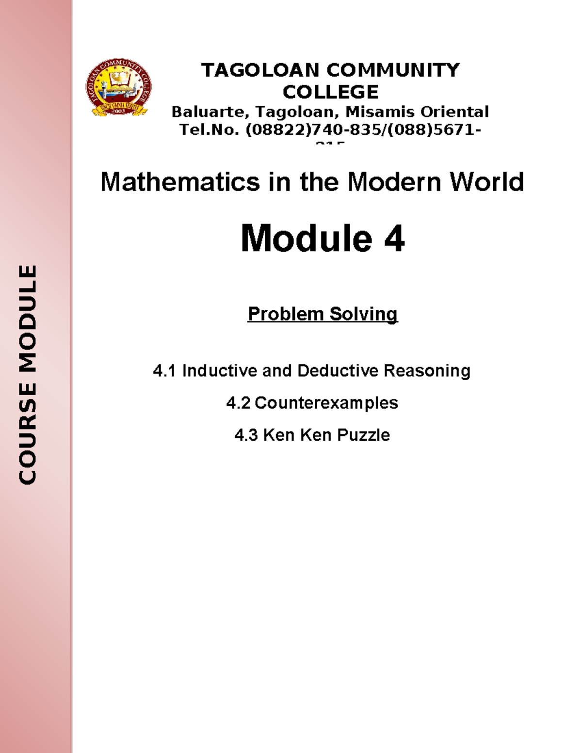 Mathematics in the Modern World (MATH 101) Module 4: Problem Solving ...