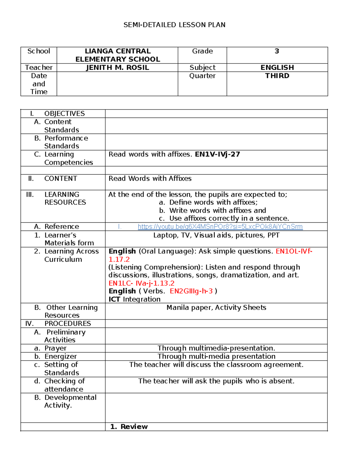 Lesson Plan: Understanding Affixes for Grade 3 ENGLISH - Studocu