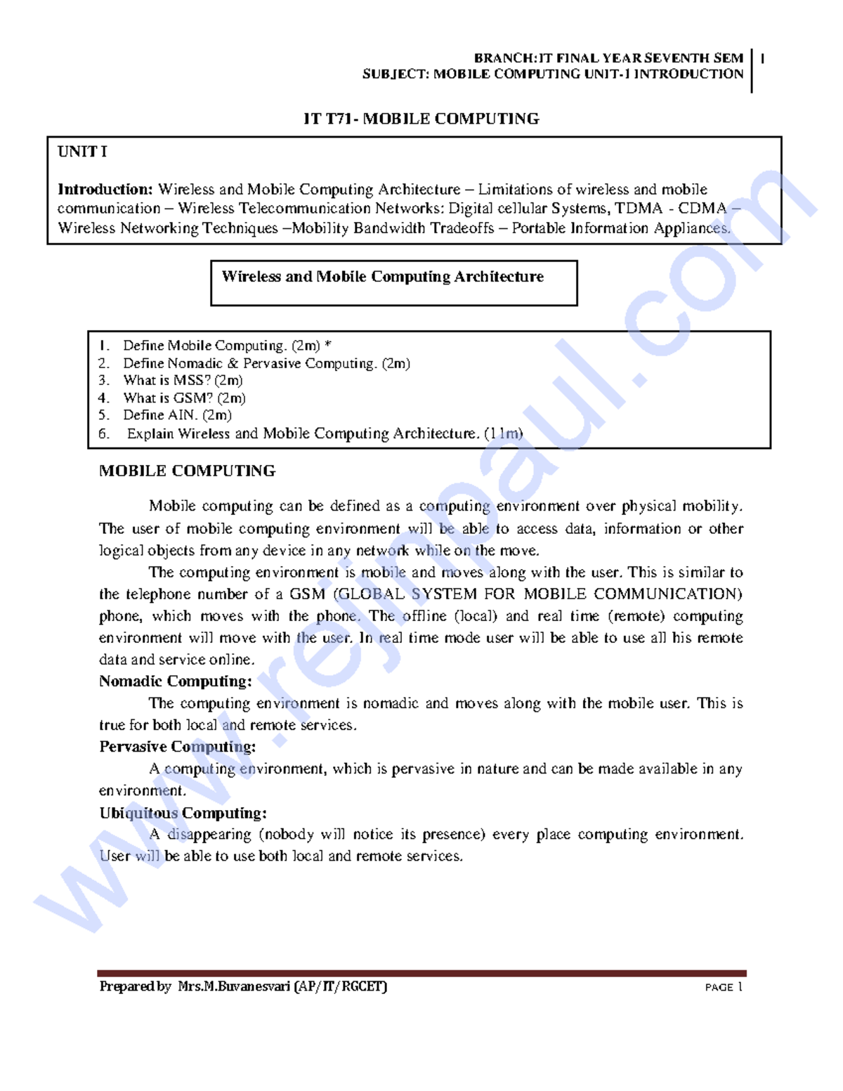Mobile computing notes 5 unites - SUBJECT: MOBILE COMPUTING UNIT-1 ...