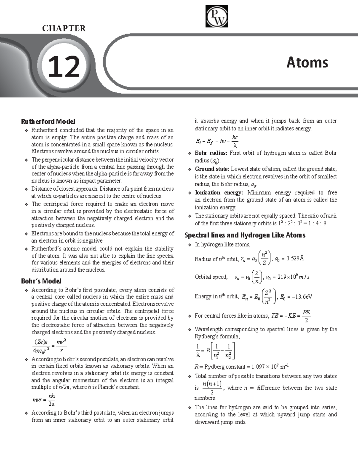 Atoms: Short Notes on Rutherford and Bohr Models (Chapter 12) - Studocu