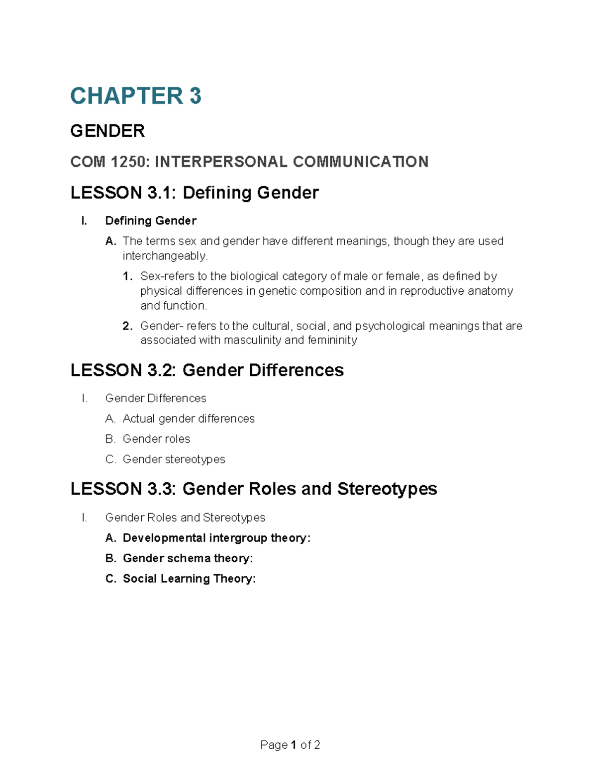 COM 1250: Interpersonal Comm - Chapter 3 Gender Definitions & Roles ...