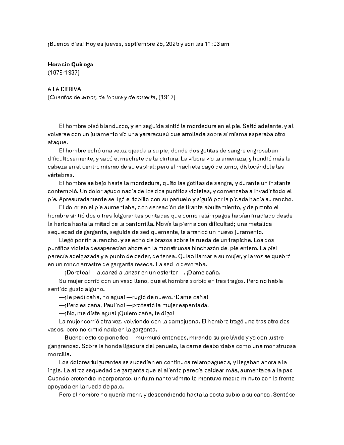Análisis de "A la Deriva" de Horacio Quiroga - Cuentos de Amor y Muerte ...