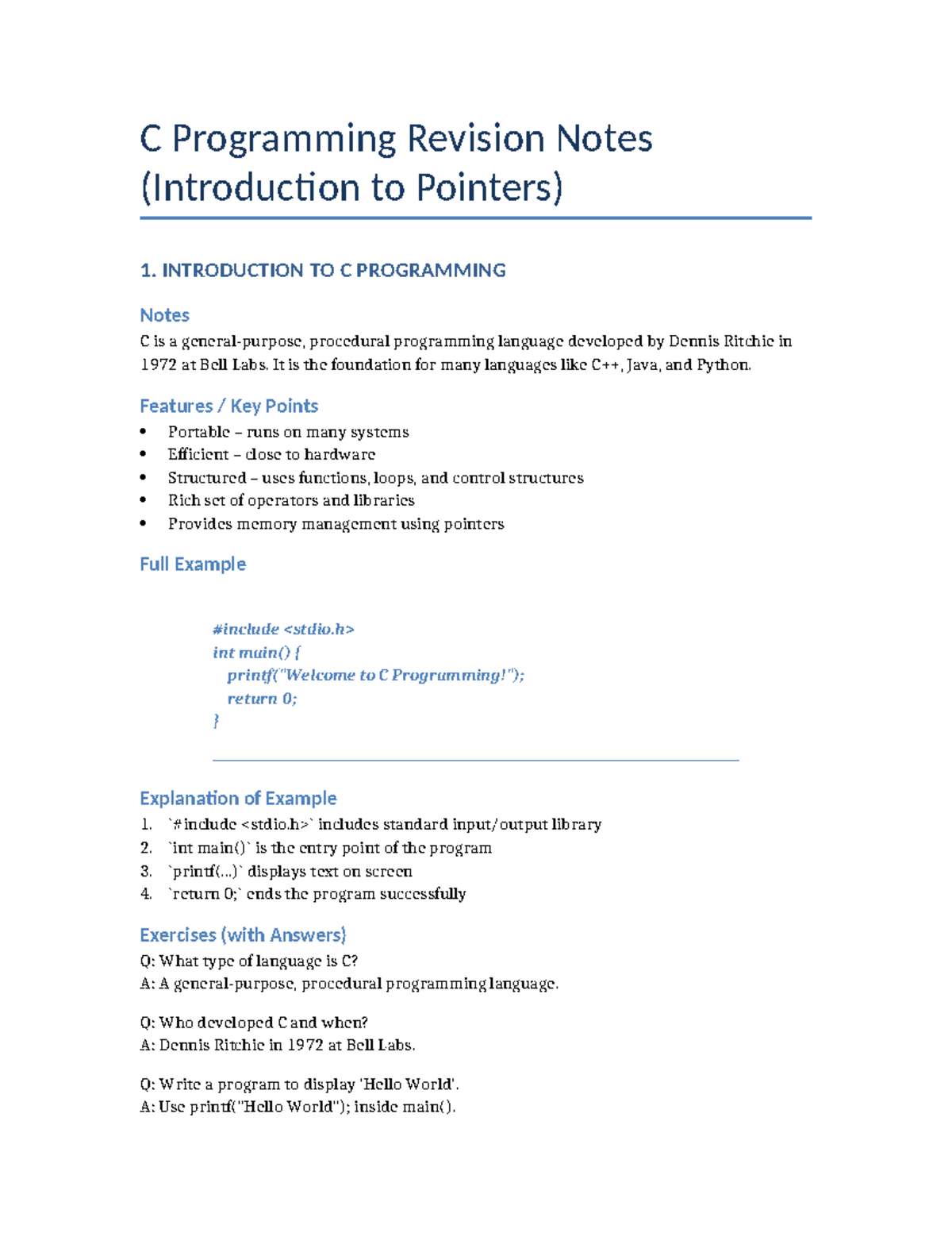C Programming Revision Notes: Introduction to Pointers and Basics - Studocu
