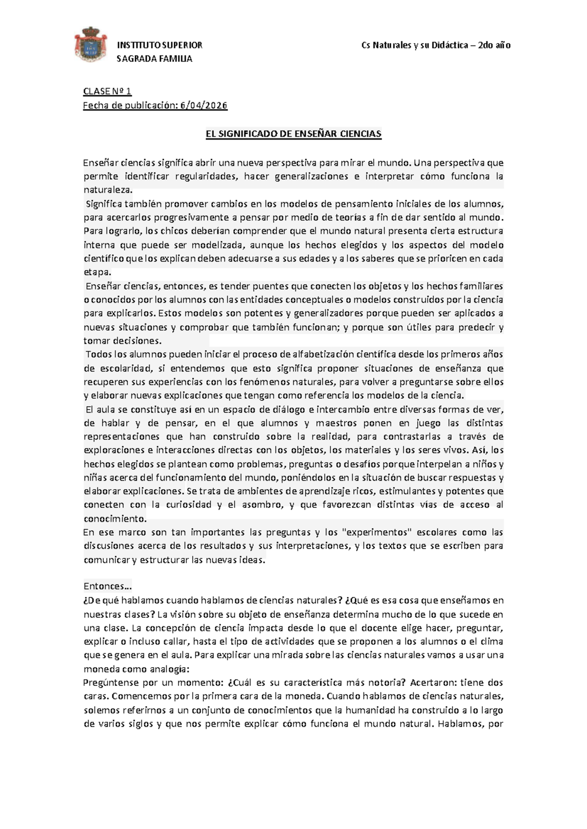 Clase 1: Enseñanza de Ciencias Naturales como Proceso y Producto - ISF ...