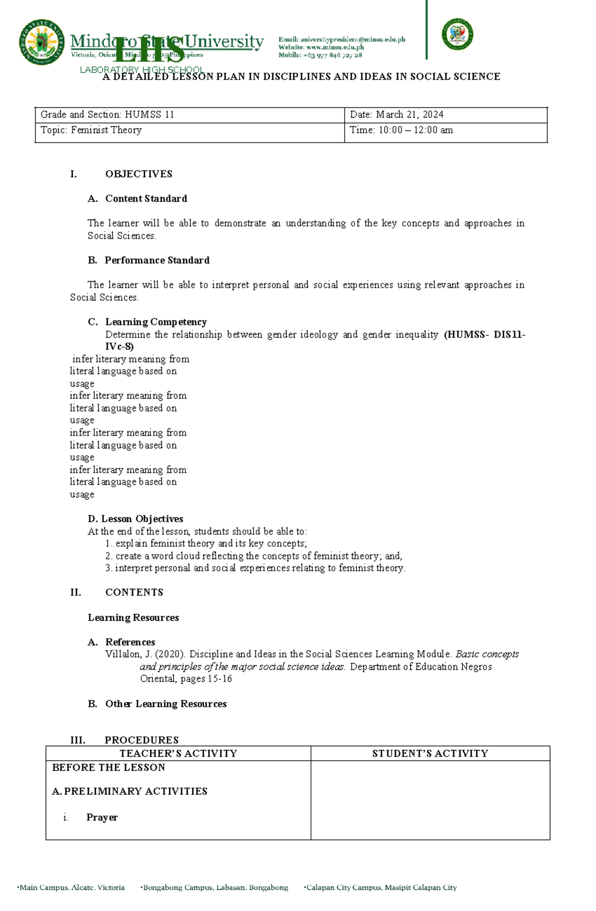 HUMSS 11 Detailed Lesson Plan on Feminist Theory: Objectives ...