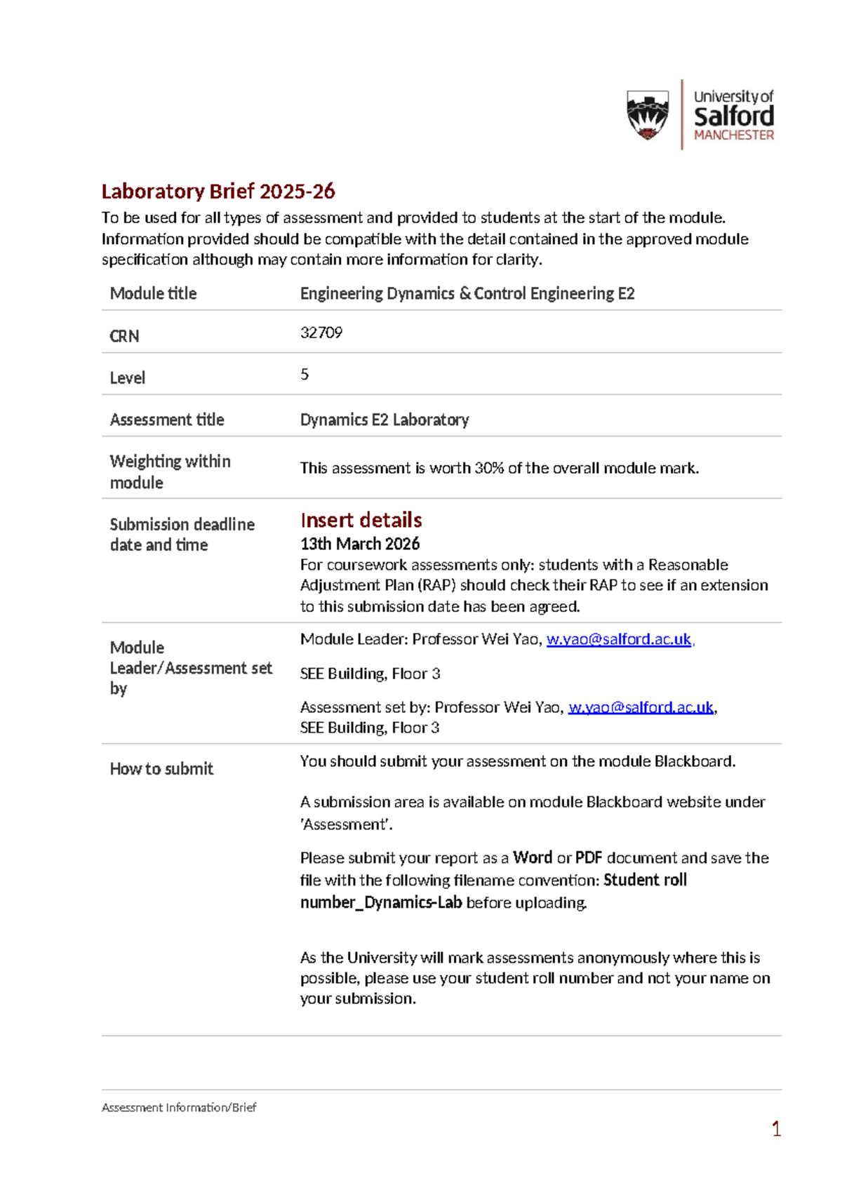 32709 Engineering Dynamics Control Engineering Lab Brief 2025-26 - Studocu