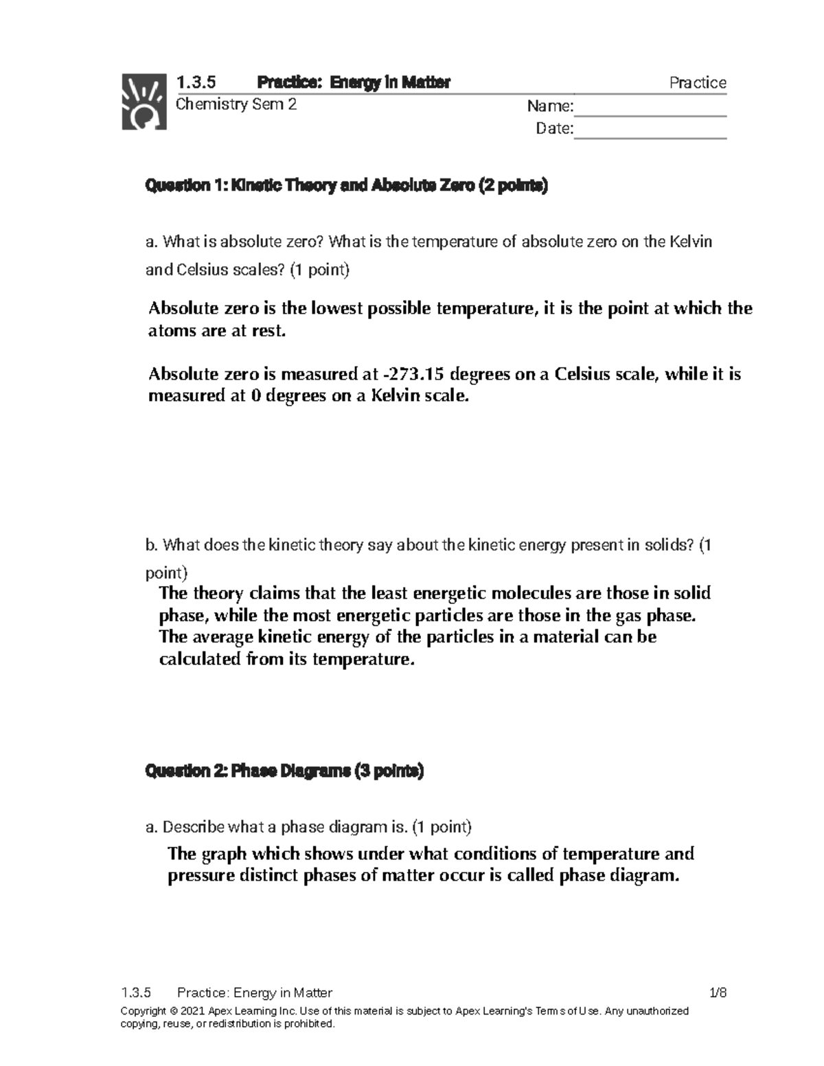 1.3.5 Practice - Energy in Matter (Chemistry Sem 2) - Studocu