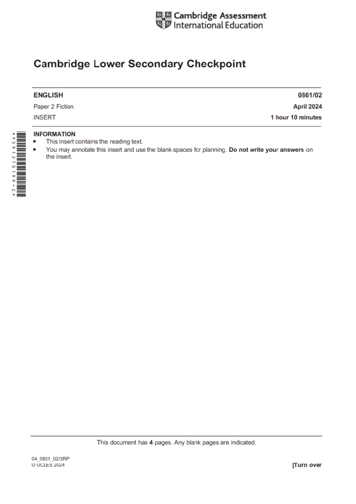 Cambridge Lower Secondary Checkpoint ENGLISH Paper 2 Fiction April 2024 ...