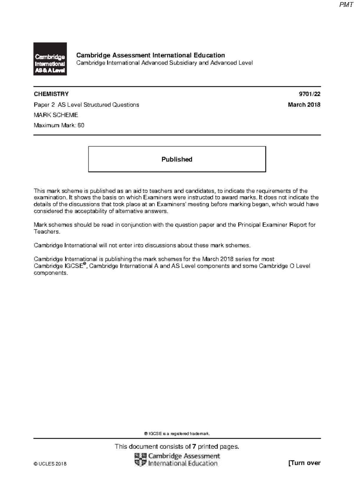 Cambridge International AS Level CHEMISTRY Paper 2 Mark Scheme March ...