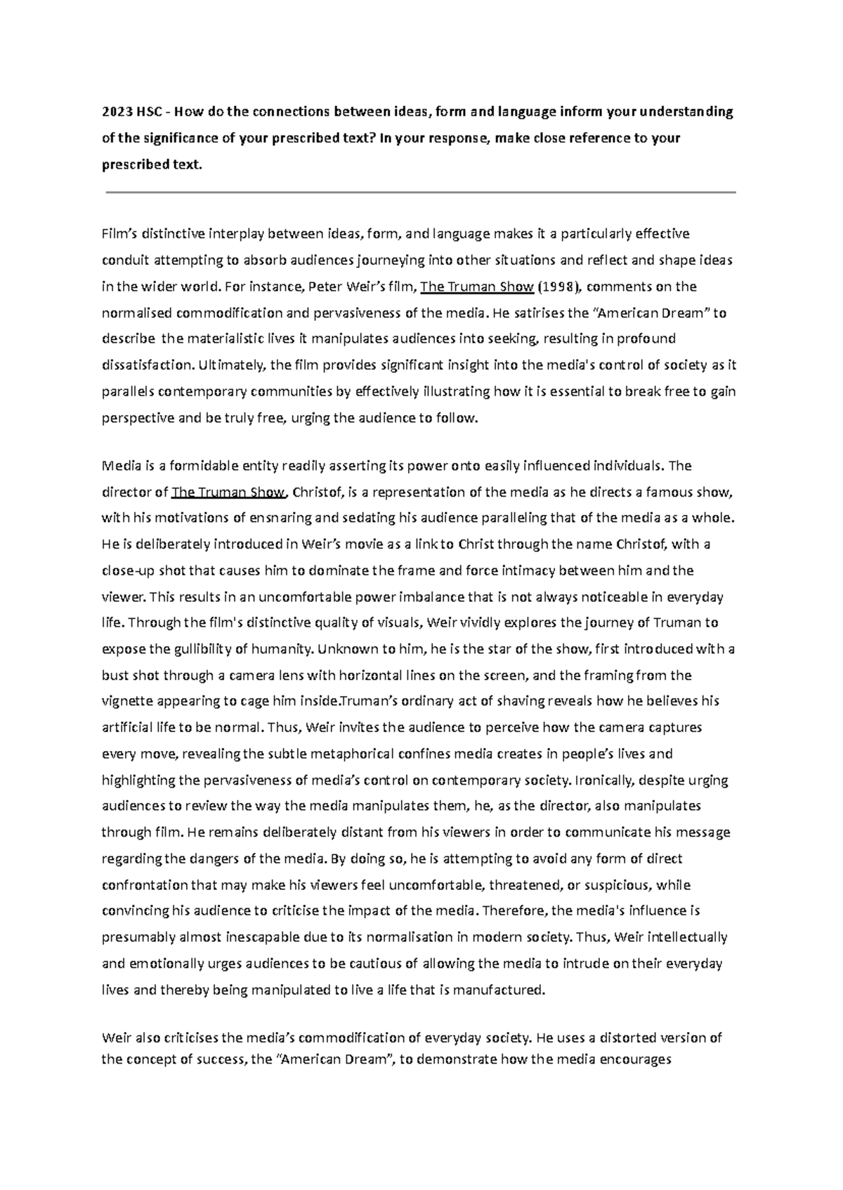 Module B - The Truman Show: Analyzing Ideas, Form, and Language - Studocu