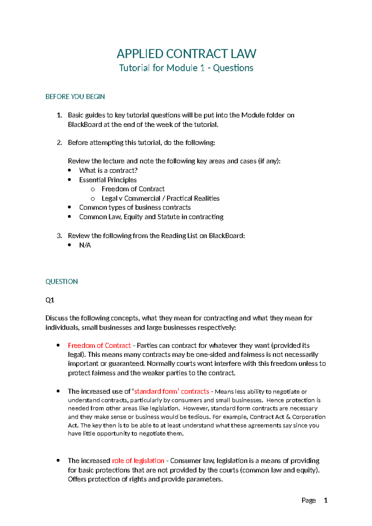 Module 1 - Applied Contract Law Tutorial Questions - Studocu